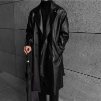China Csutom Men Leather Long Black Hip Hop Double Breasted Trench Coat for sale