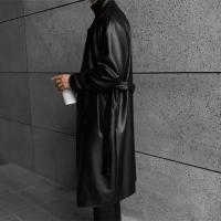 China Csutom Men Leather Long Black Hip Hop Double Breasted Trench Coat for sale