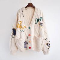 China Designer Women Chunky Sweater Cardigan Autumn Winter Drop Shoulder Button Front Embroidery Loose Knit Cardigan Sweater Coat for sale