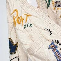 China Designer Women Chunky Sweater Cardigan Autumn Winter Drop Shoulder Button Front Embroidery Loose Knit Cardigan Sweater Coat for sale