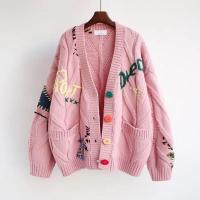 China Designer Women Chunky Sweater Cardigan Autumn Winter Drop Shoulder Button Front Embroidery Loose Knit Cardigan Sweater Coat for sale