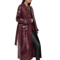 China Wine Red Trench Women&prime;s Slim Motorcycle PU Leather Coat Long Slim with Belt Women&prime;s Leather Trench Coats for sale