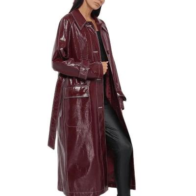 China Wine Red Trench Women&prime;s Slim Motorcycle PU Leather Coat Long Slim with Belt Women&prime;s Leather Trench Coats for sale