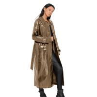 China Wine Red Trench Women&prime;s Slim Motorcycle PU Leather Coat Long Slim with Belt Women&prime;s Leather Trench Coats for sale