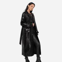 China Wine Red Trench Women&prime;s Slim Motorcycle PU Leather Coat Long Slim with Belt Women&prime;s Leather Trench Coats for sale