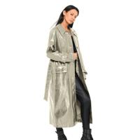 China Wine Red Trench Women&prime;s Slim Motorcycle PU Leather Coat Long Slim with Belt Women&prime;s Leather Trench Coats for sale