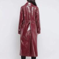 China Wine Red Trench Women&prime;s Slim Motorcycle PU Leather Coat Long Slim with Belt Women&prime;s Leather Trench Coats for sale