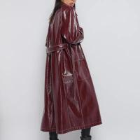China Wine Red Trench Women&prime;s Slim Motorcycle PU Leather Coat Long Slim with Belt Women&prime;s Leather Trench Coats for sale