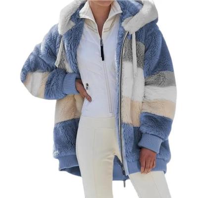 China Winter Warm Women&prime;s Jacket Plush Patchwork Zipper Women&prime;s Coats Casual Hooded Loose Jacket for Women for sale