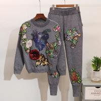 China High Quality Sequins Flower Long-Sleeved Knitwear Sweater Casual Pants 2 Piece Knit Set Women Autumn and Winter Tracksuit for sale