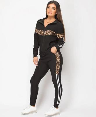 China Womens Tracksuits Cotton Polyester Leopard Print Side Stripe Women Jogging 2 Pieces Set for sale