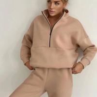 China Fall Winter Women Plain Tracksuits Casual Two Piece Crop Top Hoodies and Pants Set Fleece Custom Blank Tracksuit for Women for sale