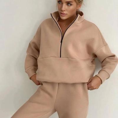 China Fall Winter Women Plain Tracksuits Casual Two Piece Crop Top Hoodies and Pants Set Fleece Custom Blank Tracksuit for Women for sale
