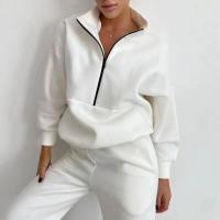 China Fall Winter Women Plain Tracksuits Casual Two Piece Crop Top Hoodies and Pants Set Fleece Custom Blank Tracksuit for Women for sale