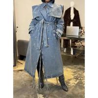 China High End Fashion Winter Loose Blue Denim Jacket Windbreaker Trench Ladies Long Coat for Women for sale