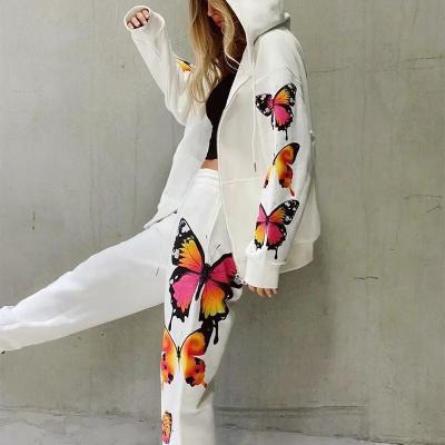 China Casual Print Long Sleeve Cardigan Hoodie Sweatpants Women 2 Piece Sweatsuit Tracksuit Set for sale