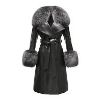 China Winter Fox Fur Collar Cuffs Women Long Leather Jacket Black Genuine Sheepskin Trench Leather Fur Coats for Ladies for sale