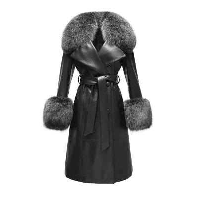 China Winter Fox Fur Collar Cuffs Women Long Leather Jacket Black Genuine Sheepskin Trench Leather Fur Coats for Ladies for sale