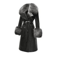 China Winter Fox Fur Collar Cuffs Women Long Leather Jacket Black Genuine Sheepskin Trench Leather Fur Coats for Ladies for sale