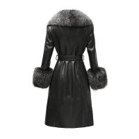 China Winter Fox Fur Collar Cuffs Women Long Leather Jacket Black Genuine Sheepskin Trench Leather Fur Coats for Ladies for sale