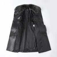 China Winter Fox Fur Collar Cuffs Women Long Leather Jacket Black Genuine Sheepskin Trench Leather Fur Coats for Ladies for sale