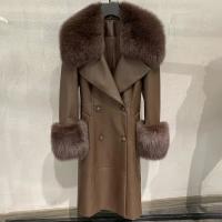 China Winter Fox Fur Collar Cuffs Women Long Leather Jacket Black Genuine Sheepskin Trench Leather Fur Coats for Ladies for sale