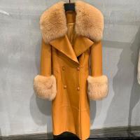 China Winter Fox Fur Collar Cuffs Women Long Leather Jacket Black Genuine Sheepskin Trench Leather Fur Coats for Ladies for sale