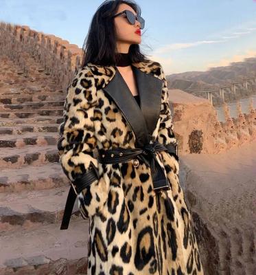 China Long Faux Fur Leopard Trench Coat Trimmed Fur for Women in Winter Fur Long Line Leopard Print Winter Jacket for sale