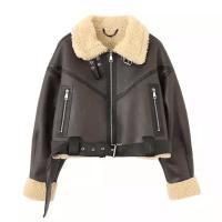 China Custom Cropped Leather Jacket Vintage Women&prime;s Motor Jackets Brand Quality Sherpa Warm Bomber Coat for Women Winter for sale