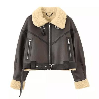 China Custom Cropped Leather Jacket Vintage Women&prime;s Motor Jackets Brand Quality Sherpa Warm Bomber Coat for Women Winter for sale