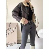 China Custom Cropped Leather Jacket Vintage Women&prime;s Motor Jackets Brand Quality Sherpa Warm Bomber Coat for Women Winter for sale