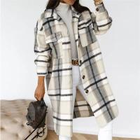 China Autumn Winter Coats for Women 2023 Lapel Pocket Long Plaid Shirt Jacket Coat Woolen Fleece Plaid Long Coats for Women for sale