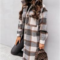 China Autumn Winter Coats for Women 2023 Lapel Pocket Long Plaid Shirt Jacket Coat Woolen Fleece Plaid Long Coats for Women for sale