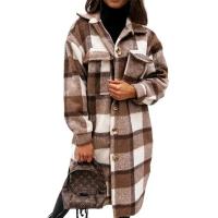 China Autumn Winter Coats for Women 2023 Lapel Pocket Long Plaid Shirt Jacket Coat Woolen Fleece Plaid Long Coats for Women for sale