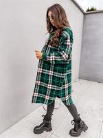 China Autumn Winter Coats for Women 2023 Lapel Pocket Long Plaid Shirt Jacket Coat Woolen Fleece Plaid Long Coats for Women for sale