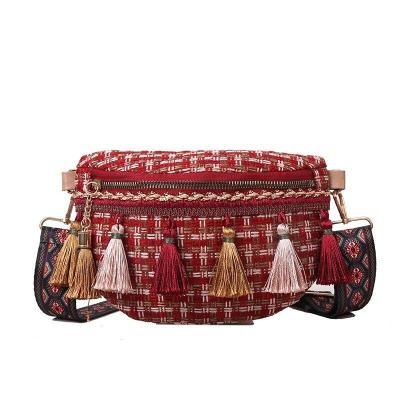 China Tassel Decor Adjustable Strap Waist Bag 21.5x15.5cm Plaid Pattern Waterproof Cycling Bum Bag OEM for sale