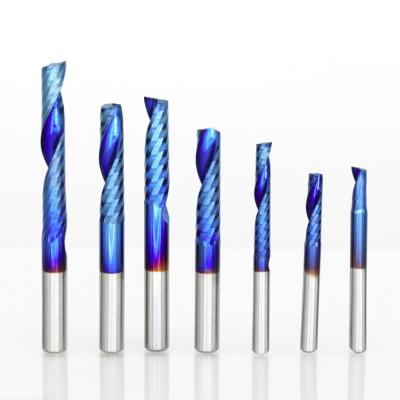 China 3.175/4/6mm Single Flute CNC End Mil Carbide Milling Cutter Nano Blue Coated up Cut 1F Spiral Router Bit for Woood Acrylic PVC for sale