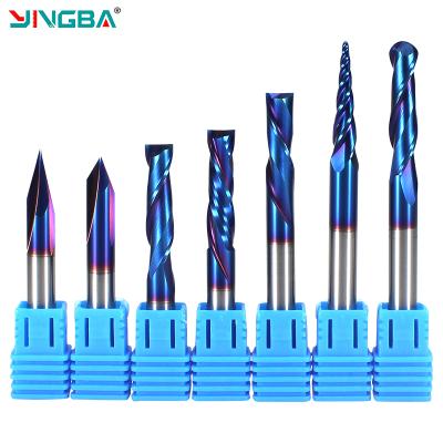 China 1/4*2-1/2  HRC65 2 Flute  Nano Blue Coating  CNC Router Bit Sets Solid Carbide Endmill for Wood Carving Bit Set for sale