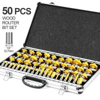 China Factory Wholesale 50Pcs 1/2 Inch Shank Carbide Wood Router Bit Set Aluminum Case CNC Milling Cutters, Round Over Straight V Groove Finger Joint Carving Bits OEM ODM Custom, Fast Shipping & Free Market for sale