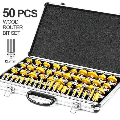 China Factory Wholesale 50Pcs 1/2 Inch Shank Carbide Wood Router Bit Set Aluminum Case CNC Milling Cutters, Round Over Straight V Groove Finger Joint Carving Bits OEM ODM Custom, Fast Shipping & Free Market for sale