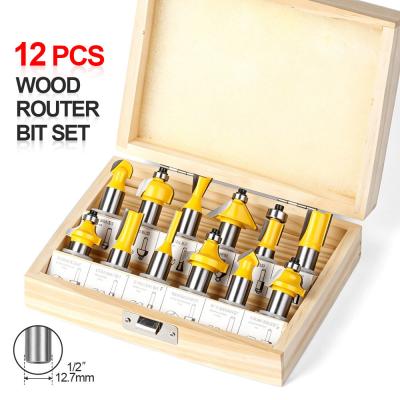 China 12 PCS High Precision Tungsten Carbide Wood Router Bit Set with 1/2 Shank for Woodworking for sale