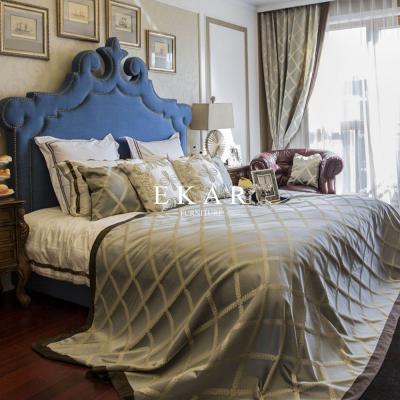 China Classic Wooden Bed Models Blue Upholstered Special Headboard King Size Bed for sale