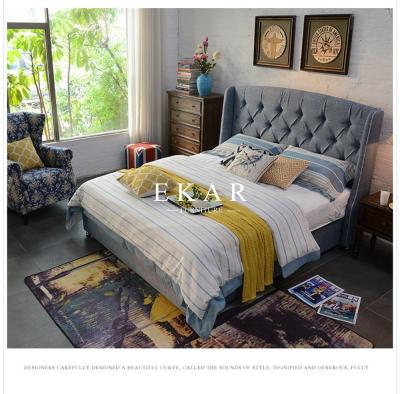 China Headboard Upholstered Fabric King Wooden Bed for sale