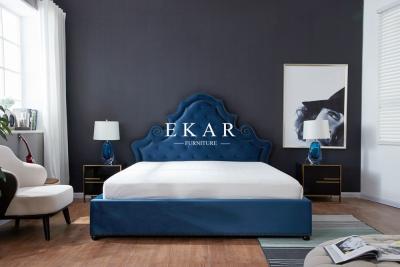 China Contemporary Wood Blue Velvet Fabric Double Bed for sale