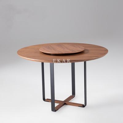 China Wooden Walnut Metal Legs Round Dining Table With Rotating Centre for sale