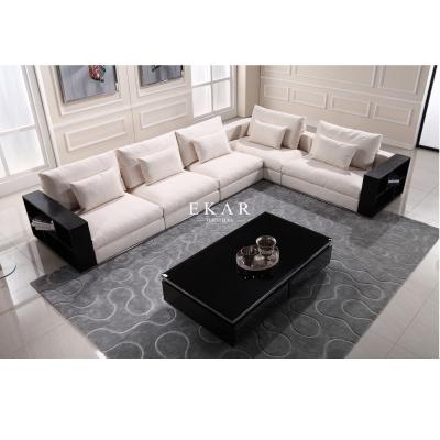 China Comfy Linen Cream White Couch Wide 7 Seater Sofa With Wooden Armrest AW-612D for sale