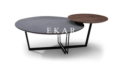 China Contemporary Stainless Steel Frame Round Wooden And Glass Coffee Table for sale