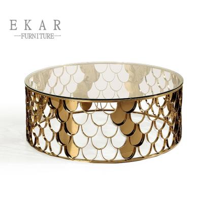 China New Model Fish Scales Decoration Round Golden Coffee Table for sale