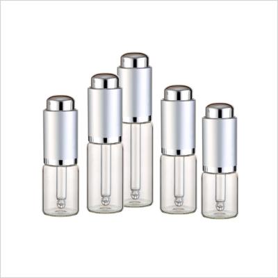 China 7ml to 15ml Cosmetic Glass Bottle with Silver Press Dropper Cap - 23mm Diameter Aluminum Option for sale