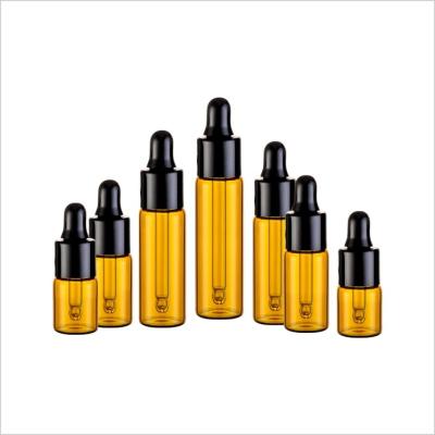 China Amber Glass Dropper Bottle with Black Cap 2.5ml to 10ml Capacity for Essence Oils and Cosmetics for sale